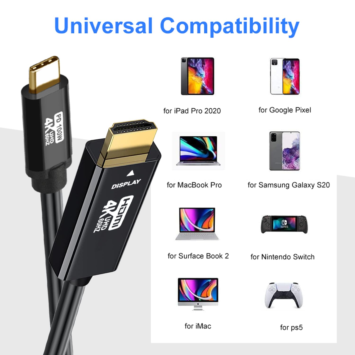 USB C to HDMI Cable 25FT 4K60HZ,USB Type C to HDMI Adapter, Thunderbolt 3/4 to HDMI Cable Compatible with Galaxy S22 /S20, MacBook Pro/Air 2020, iPad Pro 2021/2020, Surface Book 2, XPS 15