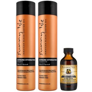 sunny isle jamaican black castor oil extreme hydrating shampoo and conditioner 10.1oz, extra dark jbco 2oz bundle | hair growth | damaged hair repair regimen | body care oil for dry skin