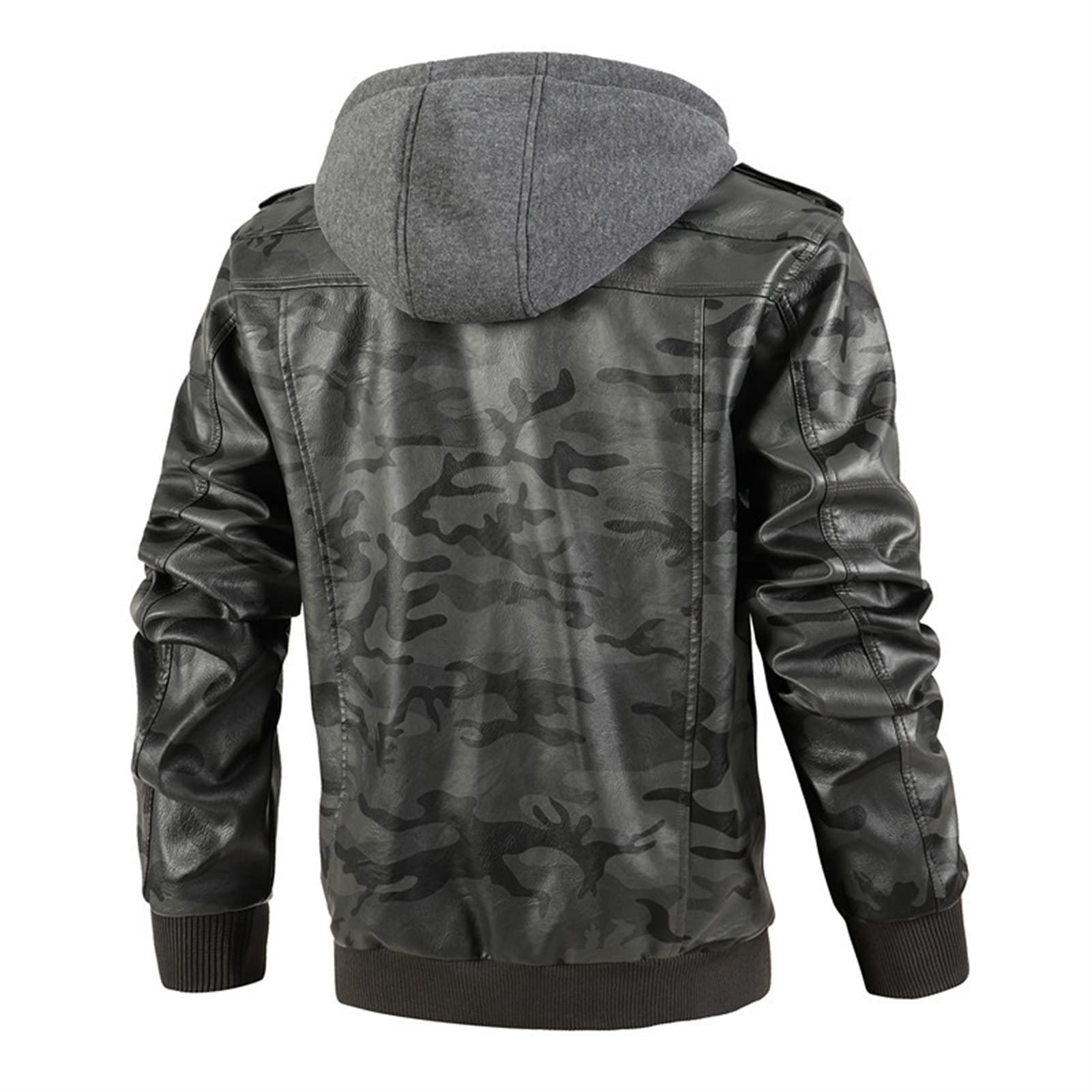 Maiyifu-GJ Men's Camo Faux Leather Jacket Winter Warm Moto Jacket with Removable Hood Pu Motorcycle Bomber Jackets Outwear (Grey,Large)