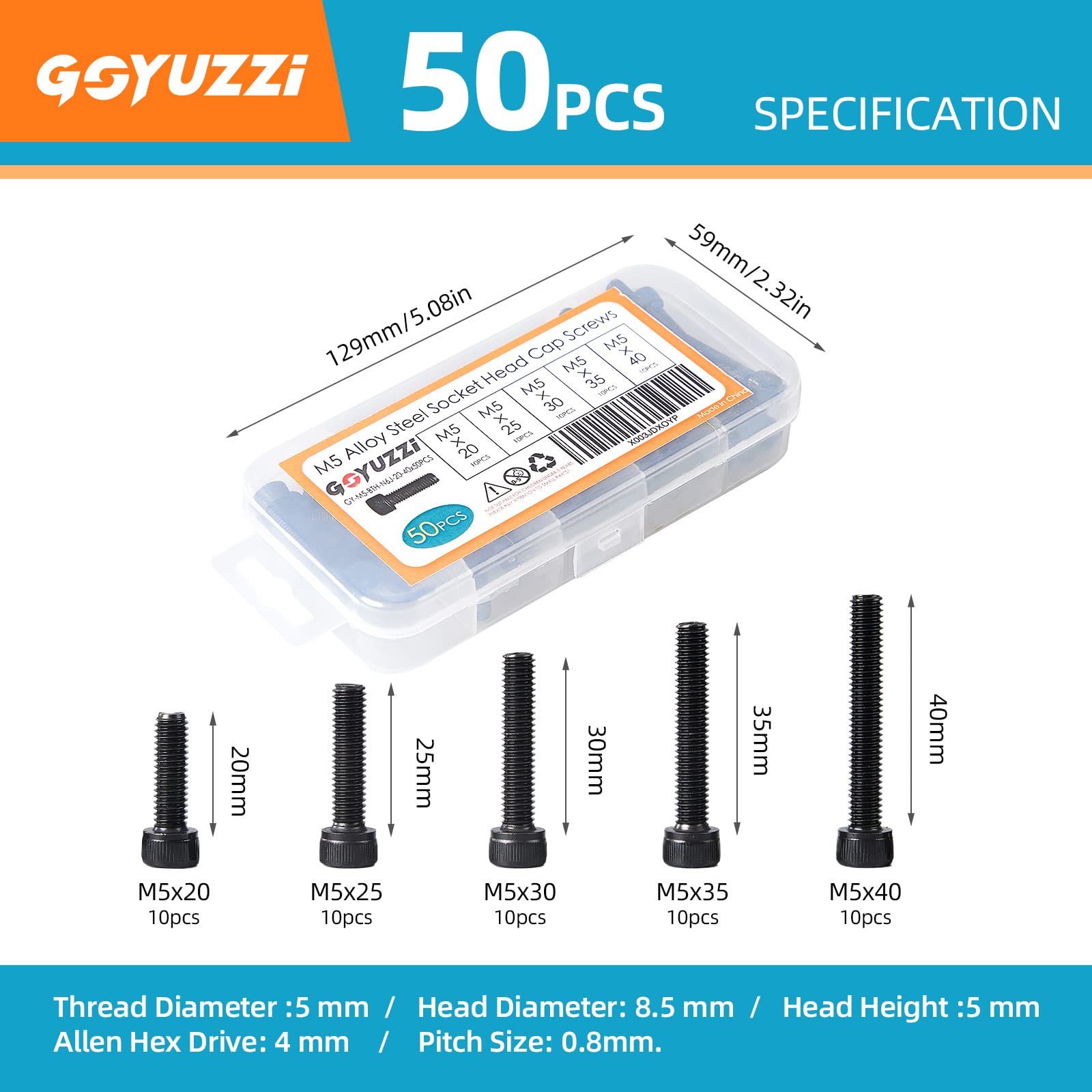 M5 x 20mm 25mm 30mm 35mm 40mm Hex Socket Head Cap Screws Bolts, Metric Allen Hex Drive, 12.9 Grade Alloy Steel, Black Oxide Finish, Fully Threaded, Assortment Kit 50PCS