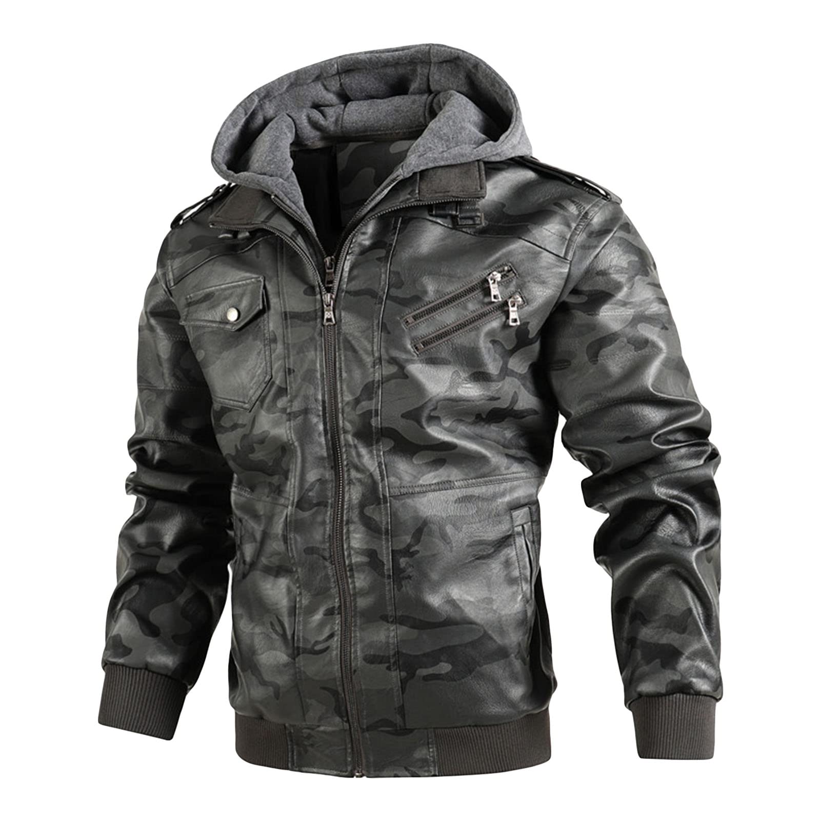 Maiyifu-GJ Men's Camo Faux Leather Jacket Winter Warm Moto Jacket with Removable Hood Pu Motorcycle Bomber Jackets Outwear (Grey,Large)