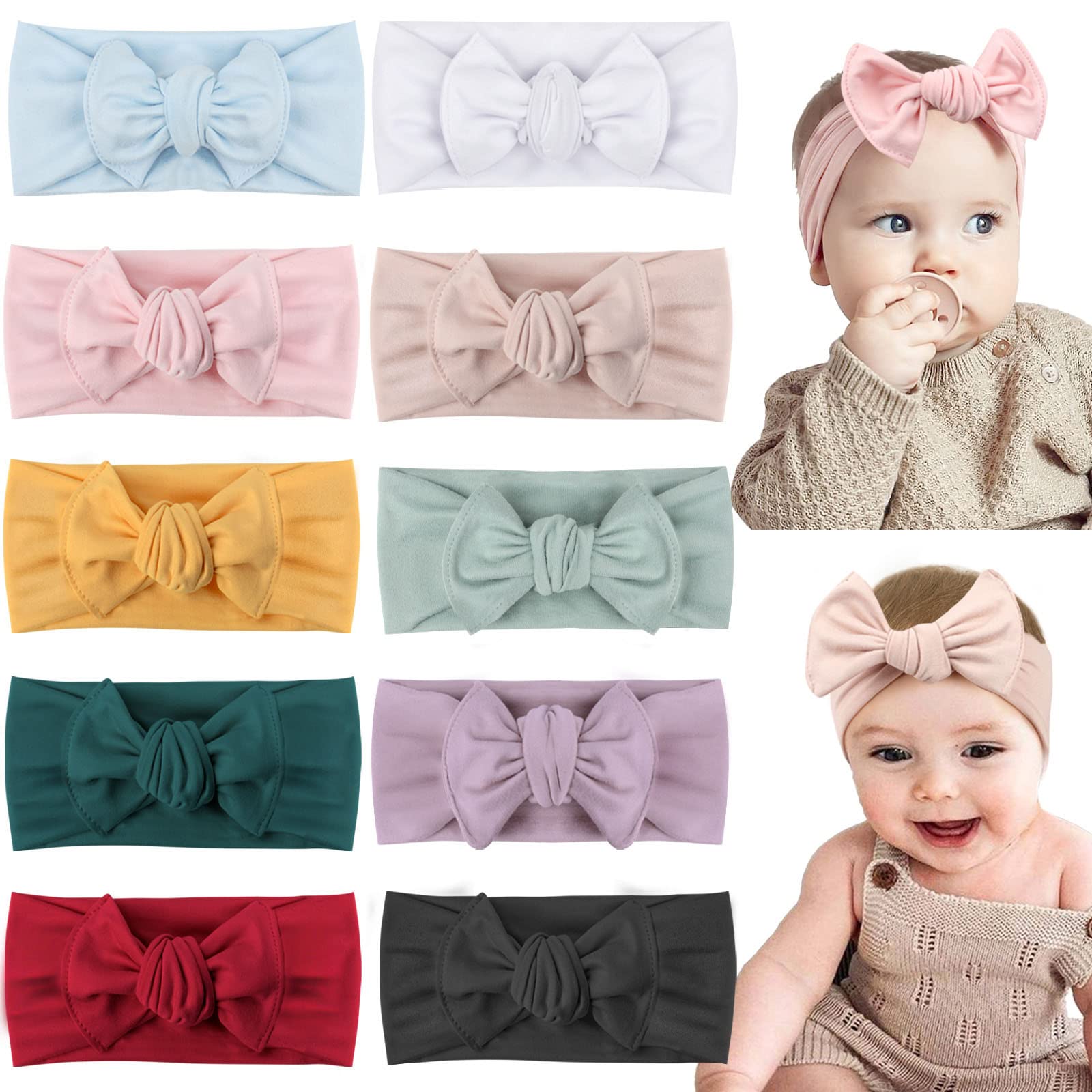 VOBOBE 10 PCS Baby Nylon Headbands Hairbands Hair Bow Elastics Handmade Hair Accessories for Baby Girls Newborn Infant Toddlers Kids (Solid color)