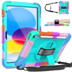 tirin new ipad 10th generation case 2022, ipad 10.9 inch case with built-in screen protector & pencil holder & rotating hand strap stand shockproof protective case for ipad 10th gen 10.9, aqua teal