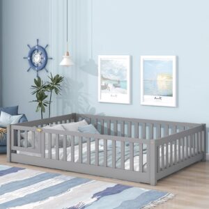 tatub full size floor bed with safety guardrails and door and slats, montessori bed frame for kids, wood montessori floor bed for girls and boys, full-grey