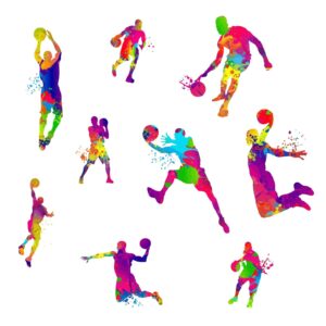 superdant 9pcs basketball player dunk wall stickers watercolor sports player silhouette decals peel stick wall decor art murals for boys teens kids room playroom nursery classroom wall decoration