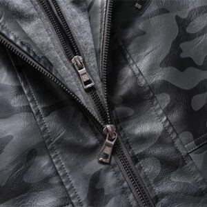 Maiyifu-GJ Men's Camo Faux Leather Jacket Winter Warm Moto Jacket with Removable Hood Pu Motorcycle Bomber Jackets Outwear (Grey,Large)