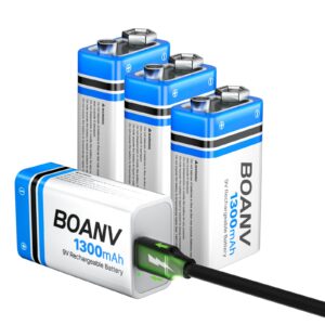 boanv 4pcs 1300mah 9v rechargeable batteries, 9v rechargeable usb lithium long lasting battery, with 2 in 1 charging cable, for smoke detectors, alarms, keypad, microphone