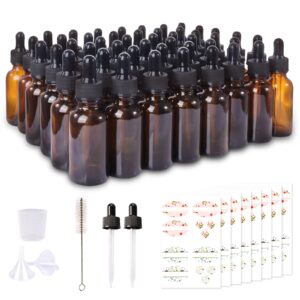 comrzor 48 pack 1oz amber glass bottles with glass eye droppers for essential oils, perfumes & lab chemicals (brush, funnels, 2 extra droppers, 54 pieces labels & 30ml measuring cup included)