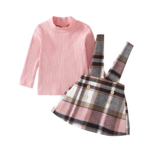 madjtlqy baby girls fall winter 2pcs outfit sets ribbed long sleeve pullover tops + plaid suspender skirt 12 18 24m 2t 3t 4t 5t (a-pink, 4-5 years)