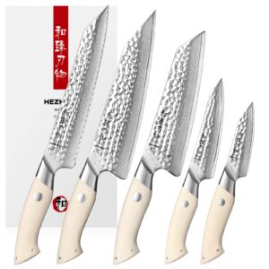 hezhen damascus steel kitchen knife set 5pcs, 67 layers damascus chef knife universal peeling knife paring bread knife, ivory white g10 handle cooking tools