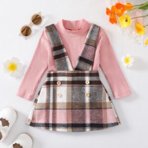 Madjtlqy Baby Girls Fall Winter 2Pcs Outfit Sets Ribbed Long Sleeve Pullover Tops + Plaid Suspender Skirt 12 18 24M 2T 3T 4T 5T (A-Pink, 4-5 Years)