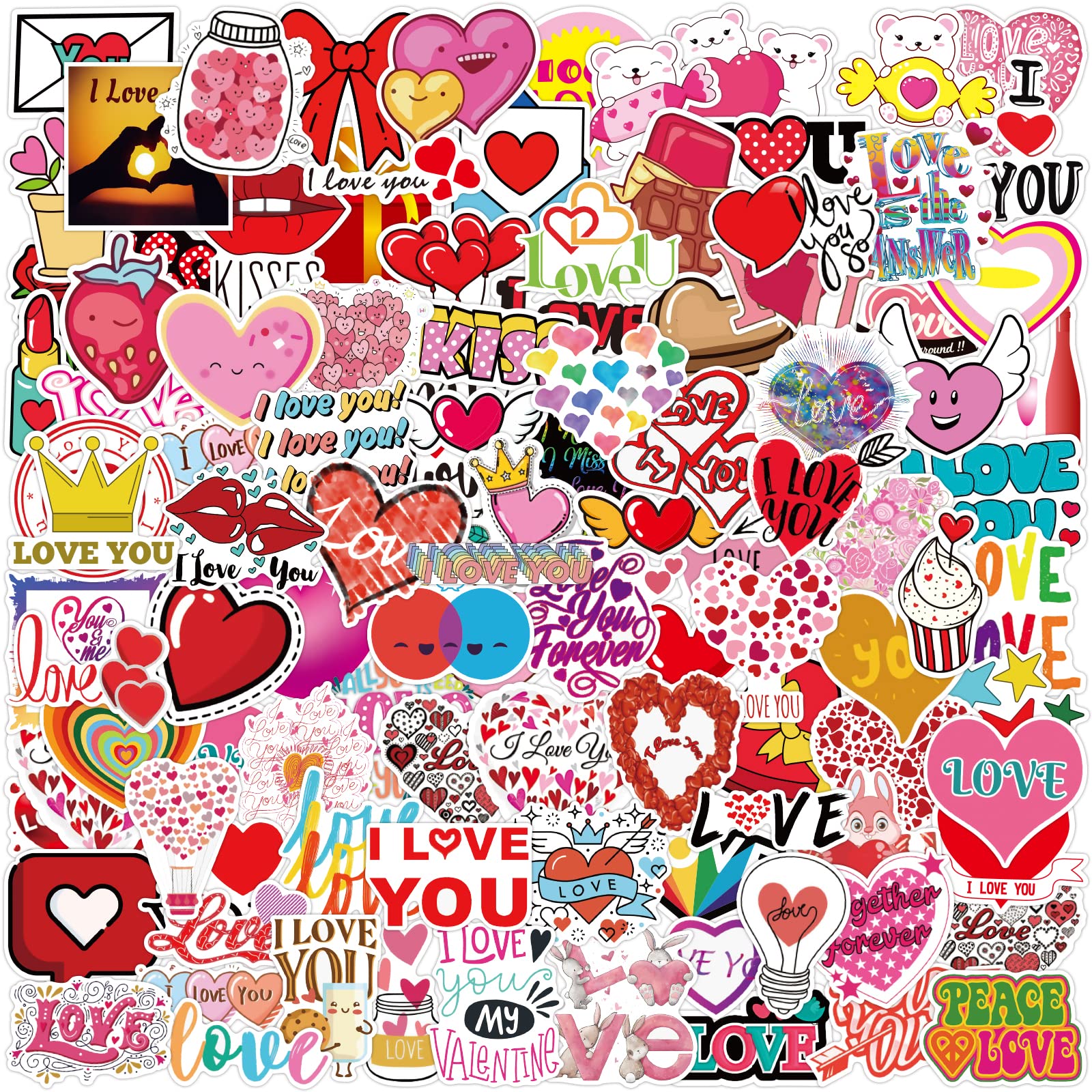 100PCS Valentine's Day Stickers Love Stickers, Love Heart Stickers Vinyl Waterproof Romantic Valentine Stickers for Laptops Gifts Water Bottles Scooters and Valentine's Day Wall Window Decorations