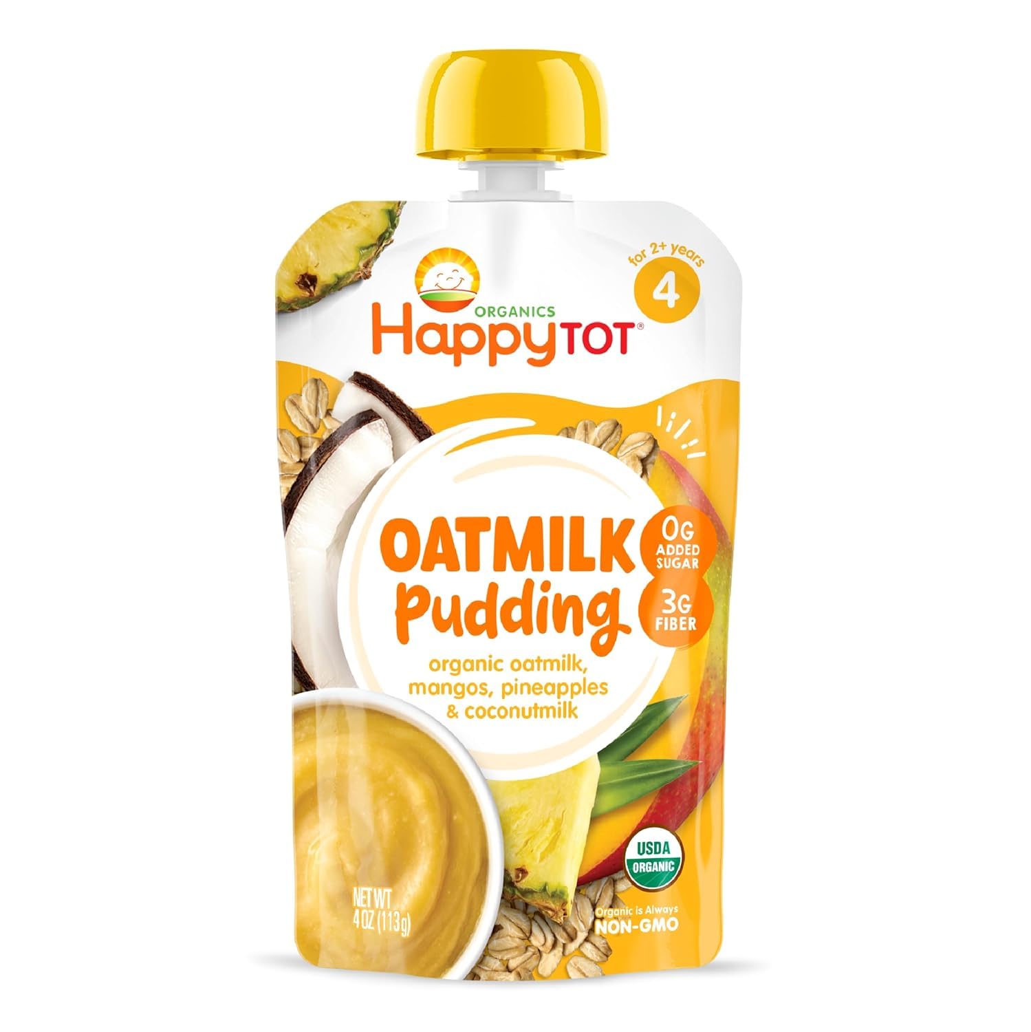 Happy Tot Organics Oatmilk Pudding, Dairy-Free, Stage 4 Toddler Snack, Oatmilk, Mangos, Pineapples & Coconutmilk, 4 Ounce Pouch, Pack of 16