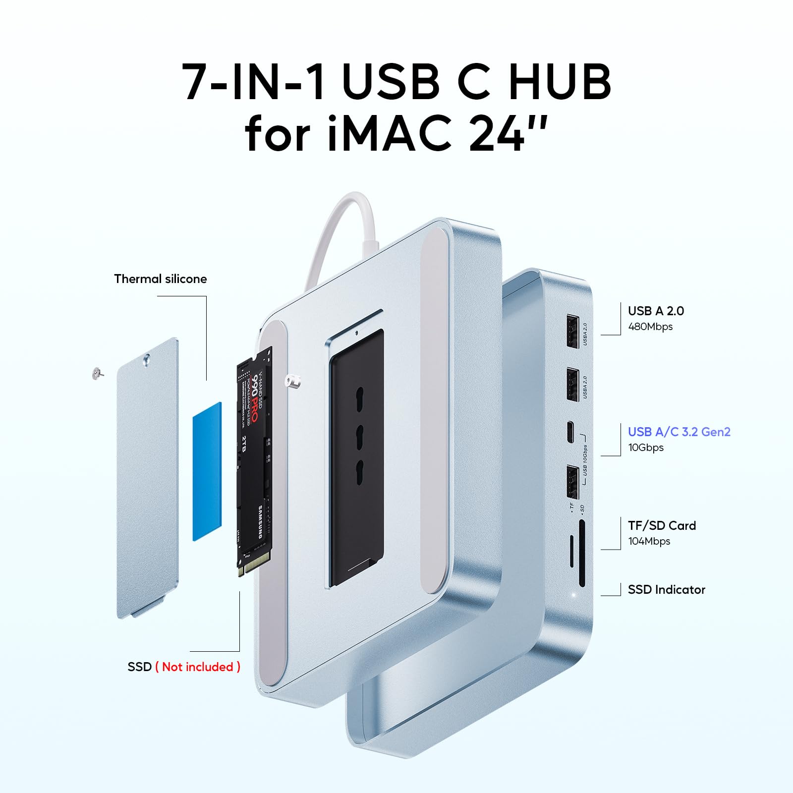 USB C HUB for iMac 24 inch 2021/2023, PULWTOP 7 in 1 USB Hub Adapter iMac Accessories for iMac M1/M3/M4 with USB C 10Gbps 3*USB A SD/TF, Docking Station Support Expand M.2 SSD (Not Included),Blue