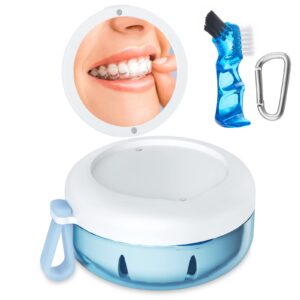 denture bath case, denture cup, leak proof portable retainer case, denture cleaning kit with cleaner brush, denture box with strainer & mirror, denture case for aligner retainer mouth guard