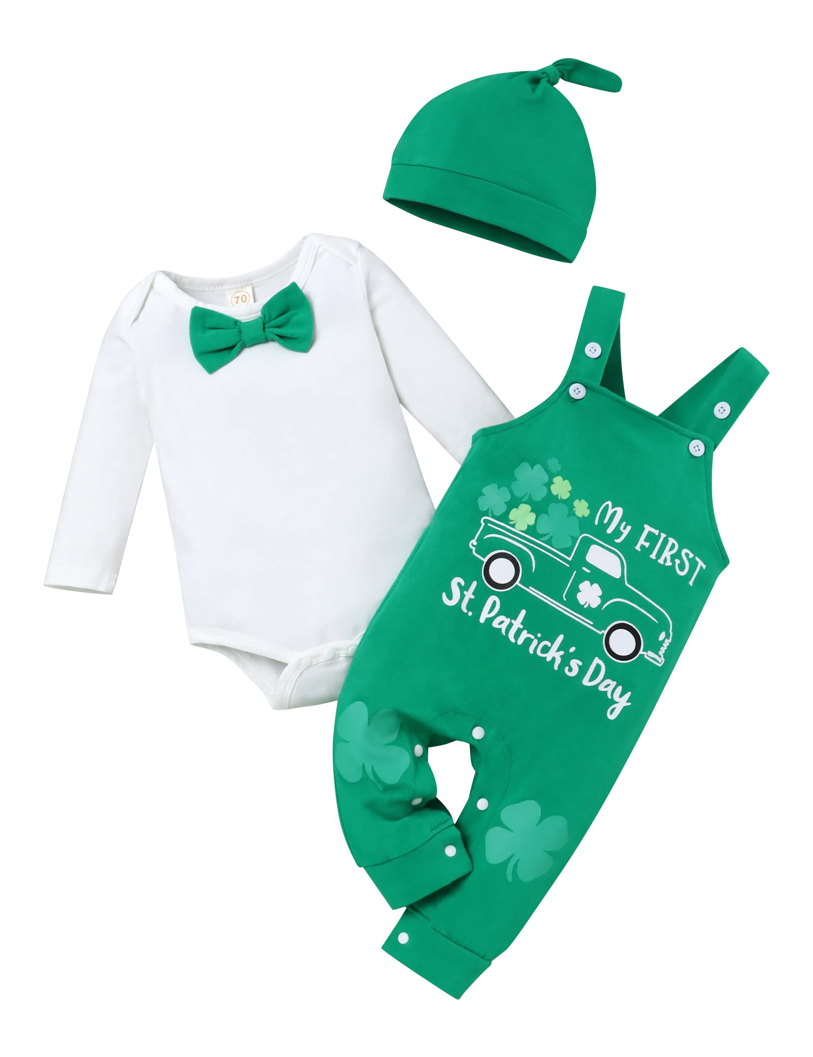 Baby Boy My First St Patricks Day Outfits Bow Gentleman Striped Top Lucky Clover Overalls Set 3PC 3-6 Months