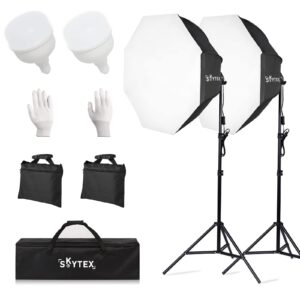 octa softbox lighting kit, skytex upgrade continuous photography lighting kit with sandbags, 28in diameter octa soft box | 135w 5500k led bulb, studio lights for photo shooting, video recording