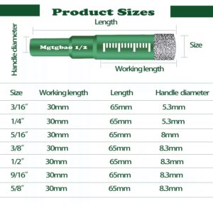 Mgtgbao 6PCS Green Ceramic Tile Drill bit, Dry Diamond Drill Bits Set for Many Hard Materials Granite Marble Tile Ceramic Stone Glass (NOT for Wood) Round Shank with Size 1/4~9/16 inch.