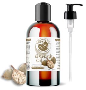 bella terra oils - baobab oil 8 oz - derived from the majestic baobab tree, enriched with vitamin a & f, for a smooth, plush skin experience