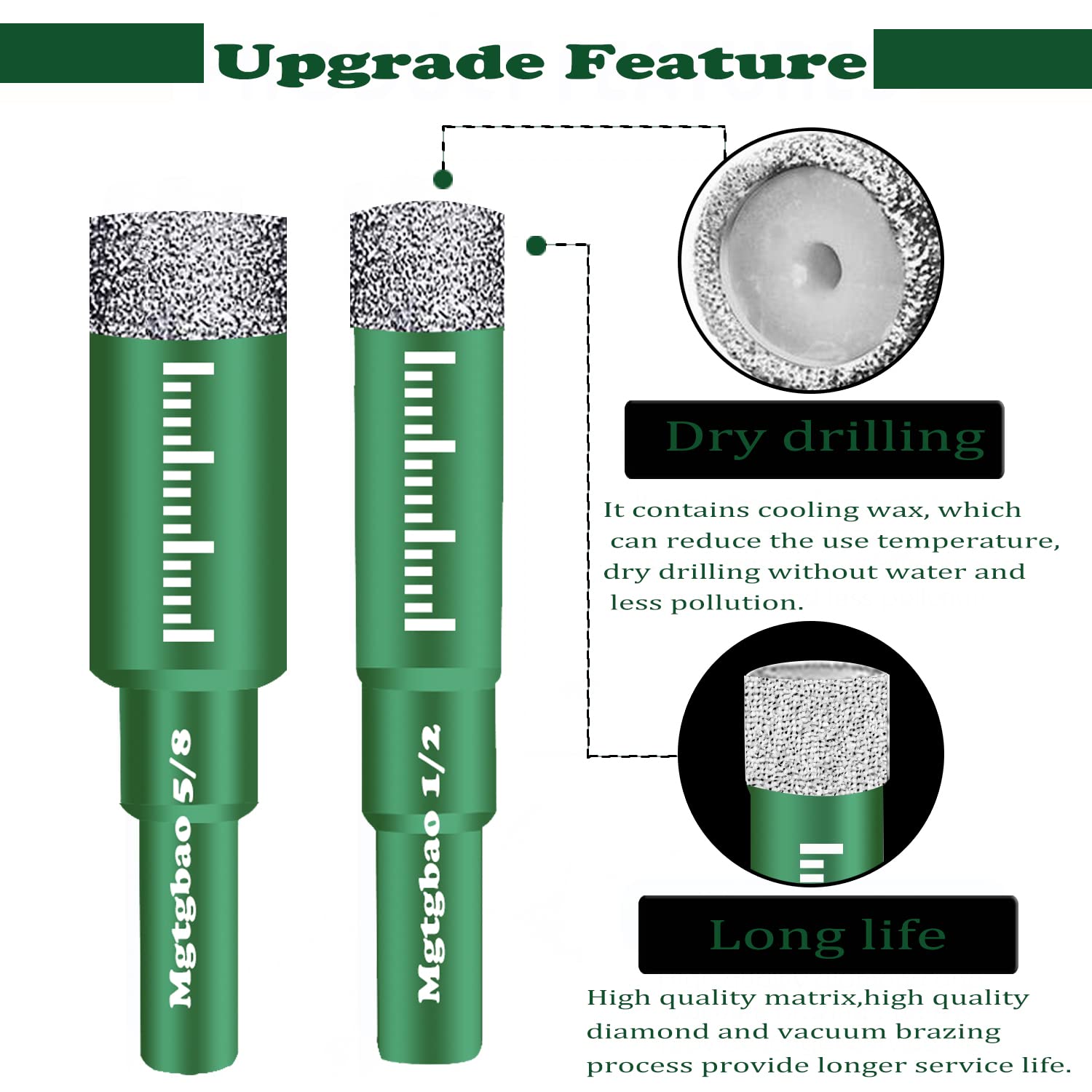 Mgtgbao 6PCS Green Ceramic Tile Drill bit, Dry Diamond Drill Bits Set for Many Hard Materials Granite Marble Tile Ceramic Stone Glass (NOT for Wood) Round Shank with Size 1/4~9/16 inch.