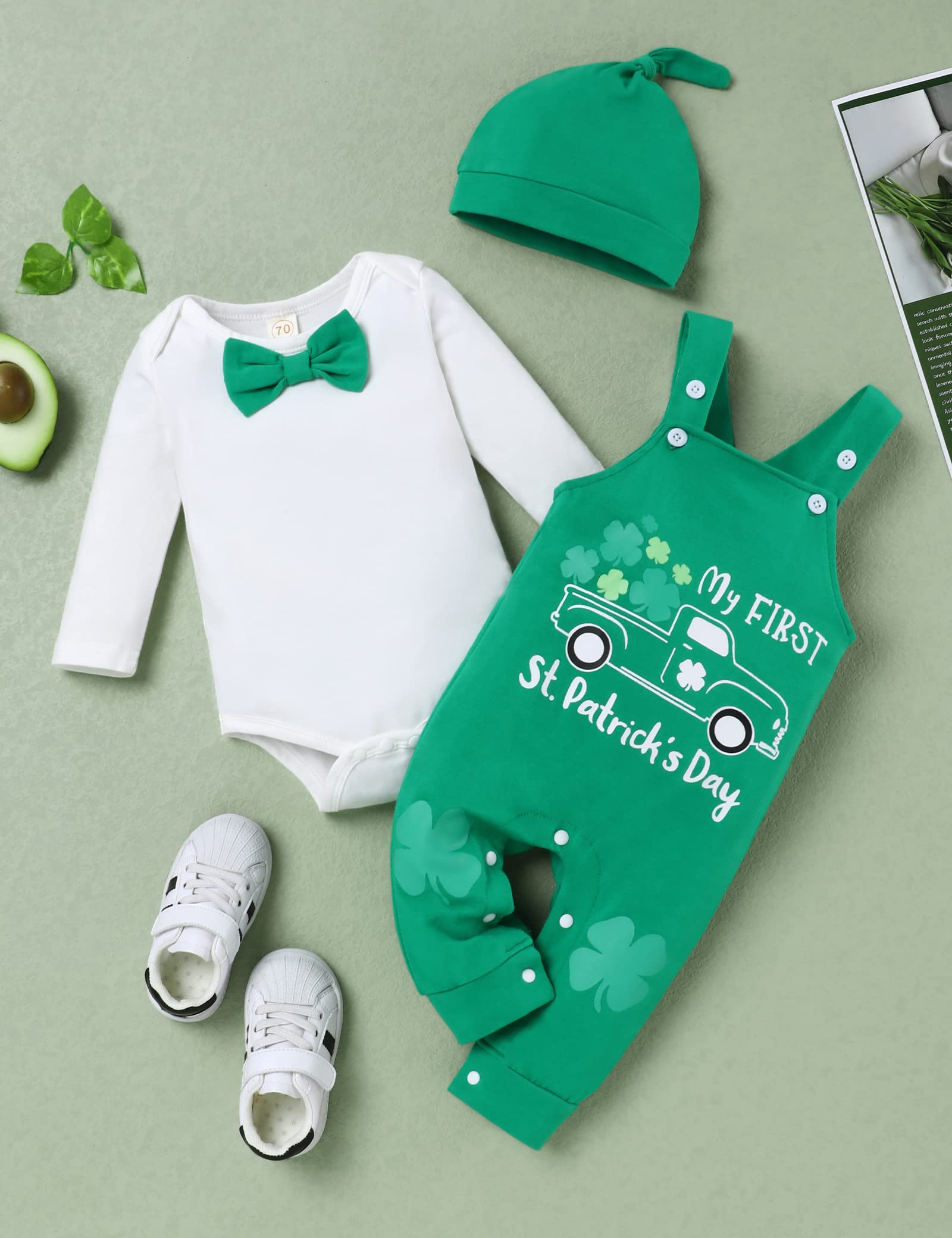 Baby Boy My First St Patricks Day Outfits Bow Gentleman Striped Top Lucky Clover Overalls Set 3PC 3-6 Months