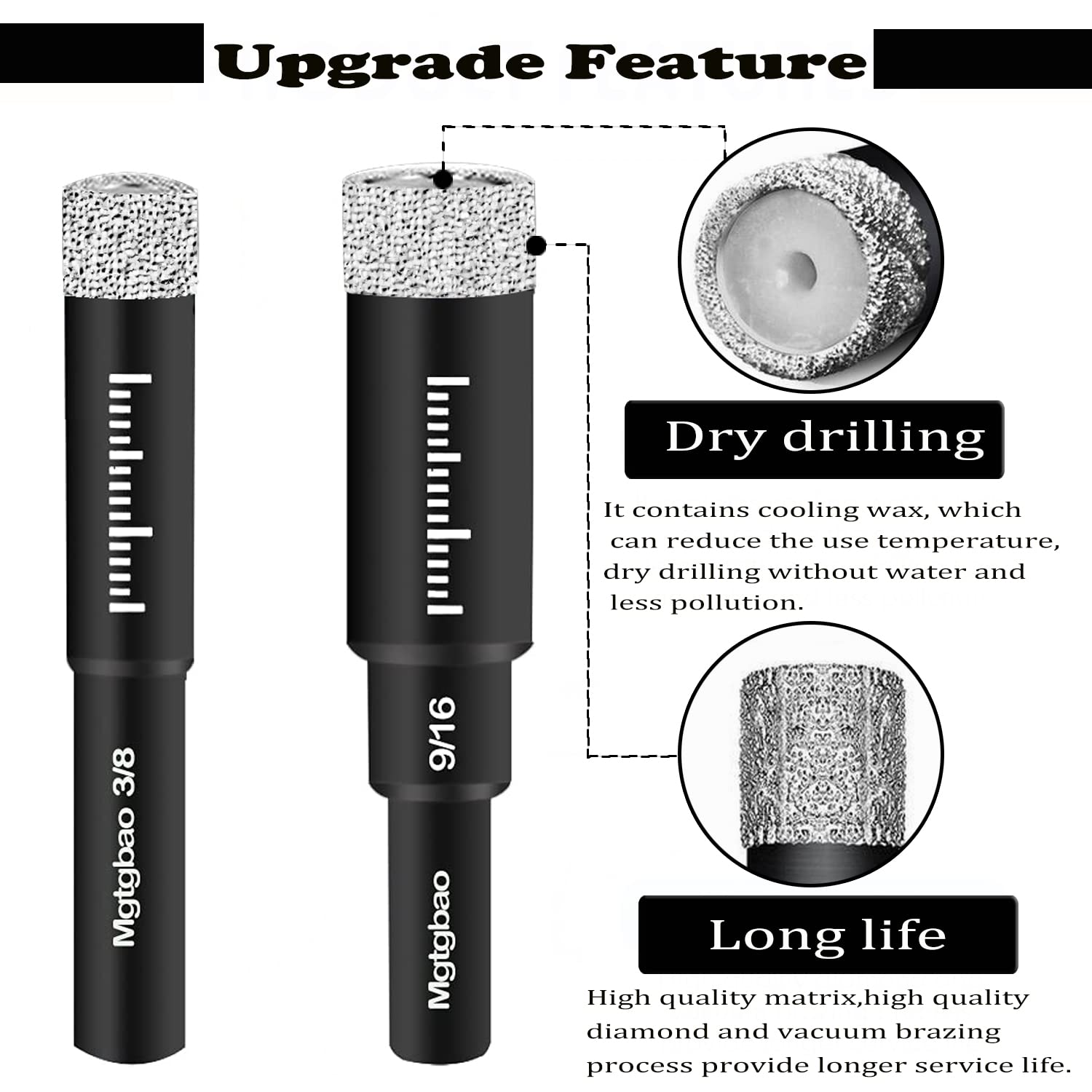 Mgtgbao 7PCS Black Ceramic Tile Drill bit, Dry Diamond Drill Bits Set for Many Hard Materials Granite Marble Tile Ceramic Stone Glass (NOT for Wood) Round Shank with Size 3/16~9/16 inch.