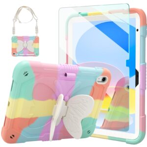 ambison case for ipad 10th generation 2022 10.9 inch for kids girls with 9h tempered glass screen protector, rugged heavy duty shockproof protective case with butterfly stand,carrying strap-multicolor