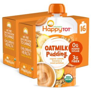 happy tot organics oatmilk pudding, dairy-free, stage 4 toddler snack, oatmilk, bananas & sweet potatoes, 4 ounce pouch, pack of 16