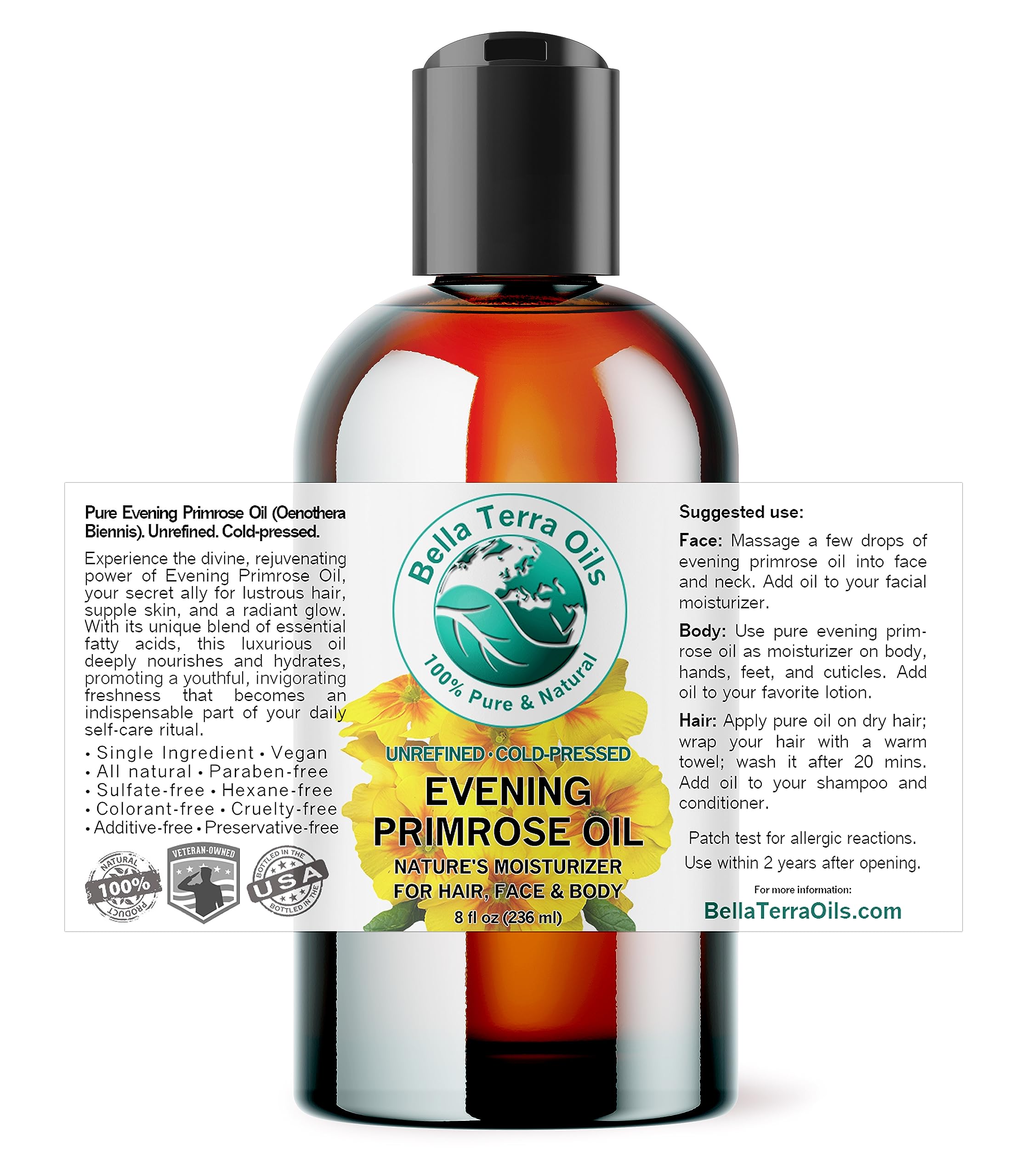 Bella Terra Oils - Organic Evening Primrose Oil 8 oz - Harvested for Excellence, Packed with Nutrients & Omega-6, Perfect Elixir for Enhancing Natural Beauty