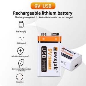 USB 9V Rechargeable Battery, USB Quick Charge in 1.5 Hours, High Capacity 1200mAh Square Lithium Batteries with Type C Port Cable (2-Packs)