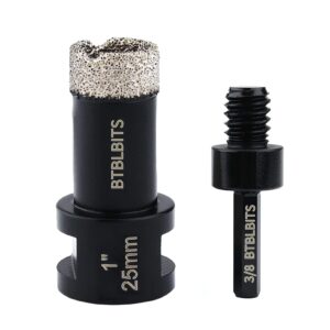 btblbits dry diamond core drill bit 1 inch (25mm) 5/8-11 thread tile drill bits vacuum brazed angle grinder diamond hole saw for porcelain ceramic granite marble brick with 3/8” hex shank drilling