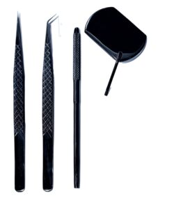 lash tweezers for eyelash extensions | stainless steel - diamond grip straight & 45 degree volume | tip with free mirror for women, makeup, lashing, fans professional tool kit 14 cm black