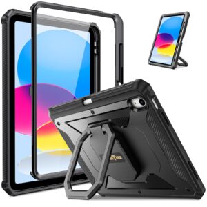 fintie case for ipad 10th generation 10.9 inch 2022 - [tuatara magic ring] 360 degree rotating grip stand shockproof rugged cover with screen protector and pencil holder, black