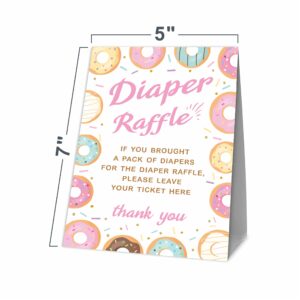 JCVUK Baby Shower Games, 1 Diaper Raffle Standing Sign with 50 Diaper Raffle Tickets,Donut Love Theme Babyshower Party Decorations and Supplies For Boys or Girls(LBLK-B07)