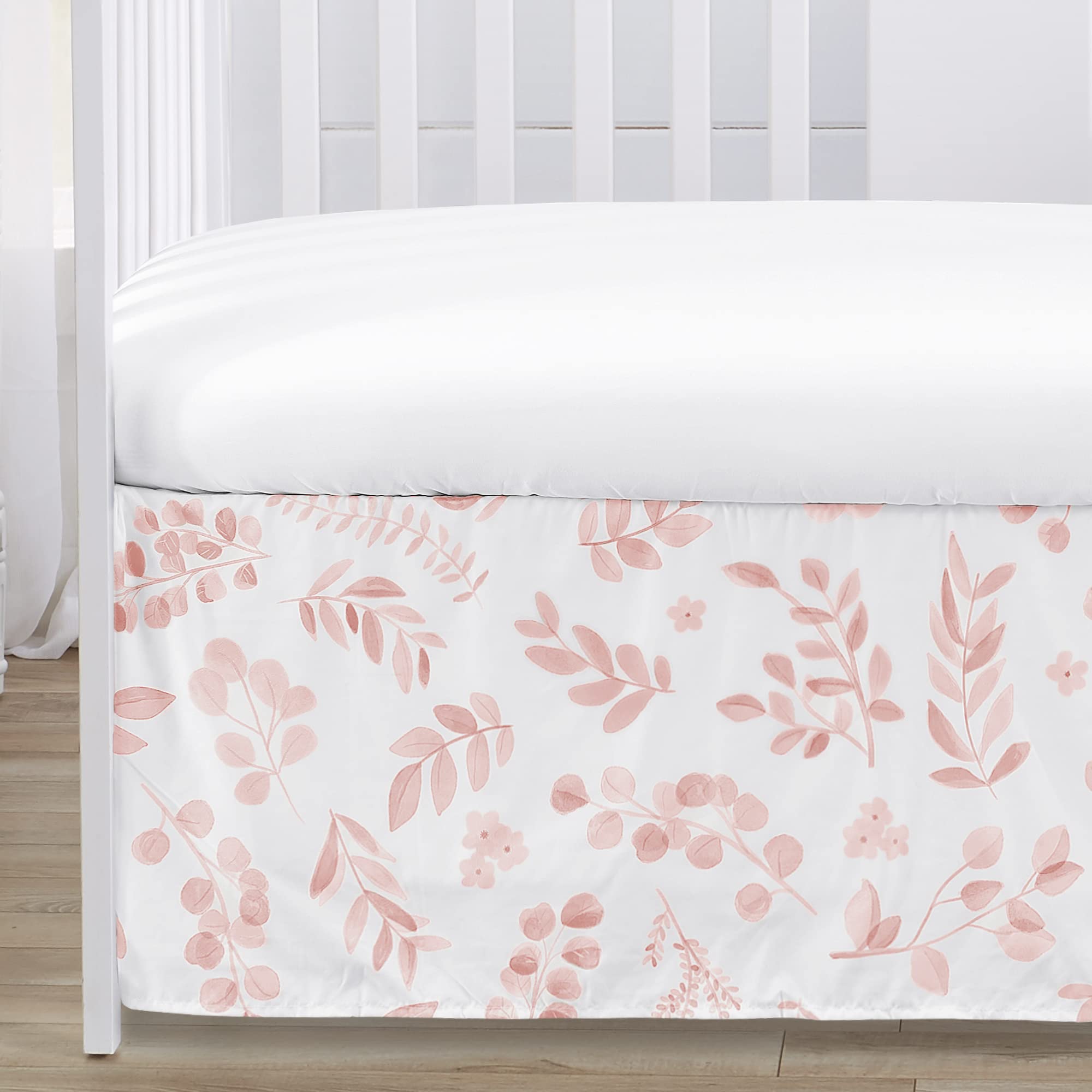 Sweet Jojo Designs Blush Pink and White Floral Leaf Baby Girl Nursery Crib Bedding Set Boho Chic Bohemian Watercolor Botanical Flower Woodland Tropical Garden Leaves Pastel Light Pink Nature Bloom 4pc