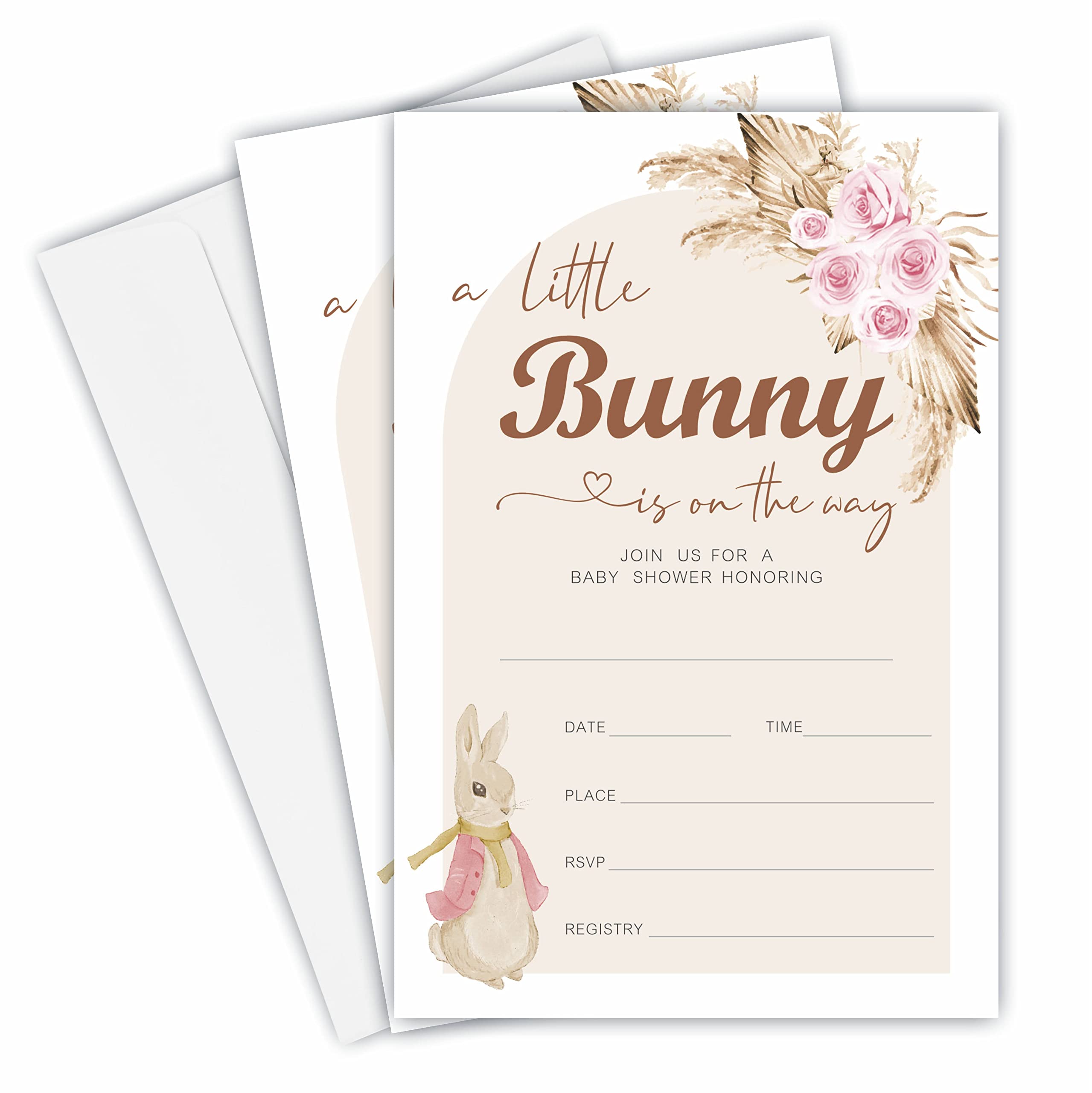 JCVUK Baby Shower Invites,Boho Bunny Theme Baby Shower Invitation Cards With Envelopes(25 Pack), Bunny Baby Shower Decorations And Supplies For Boys Girls(YQK-B04)