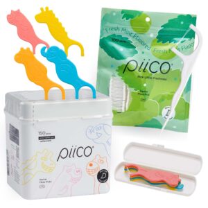 piico dental floss picks bundle - unflavored fluoride-free fun zoo shape dental flossers for kids - shred-resistant mint flossers for adults with xylitol formula and crystal technology