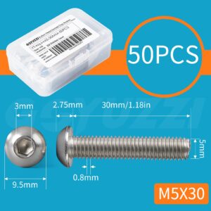 M5 x 30mm Button Head Socket Cap Screws Bolts, Stainless Steel 304, Bright Finish, Fully Threaded, Metric Allen Hex Drive, 50PCS