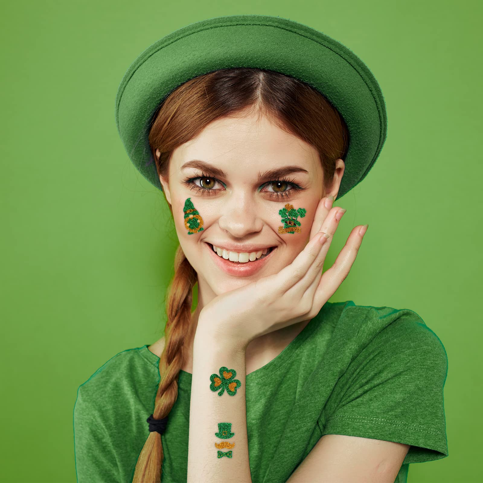 durony 144 Pieces St. Patrick's Day Temporary Tattoo Stickers 24 Styles Glitter Shamrock Face Stickers 6 Sheets Waterproof Gold Green Party Decoration DIY Accessories for Saint Patrick's Day