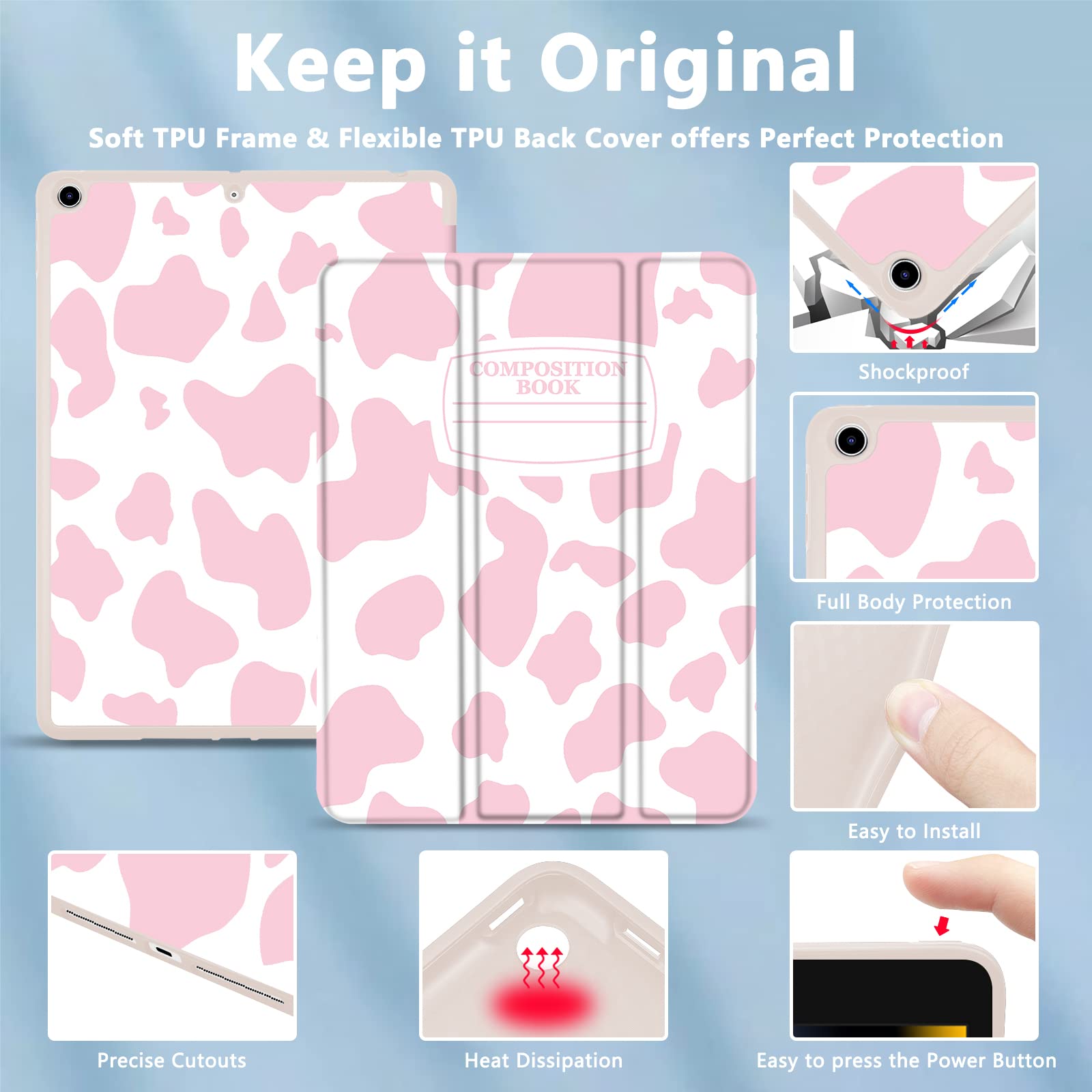 TopPerfekt Case for iPad 9th / 8th / 7th Generation 2021/2020 / 2019 10.2 Inch - TPU Shockproof Frame and Protective Leather Cover [Built-in Pencil Holder, Auto Sleep/Wake] Pink Cow