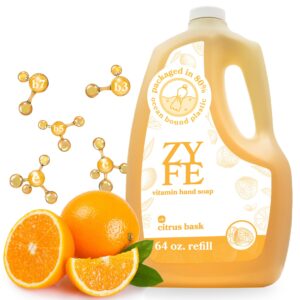 zyfe vitamin hand soap refill - liquid hand soap - natural plant derived moisturizing handsoap with essential oil fragrance citrus bask - soft hand wash for kitchen & bathroom - lush soft soap 64oz