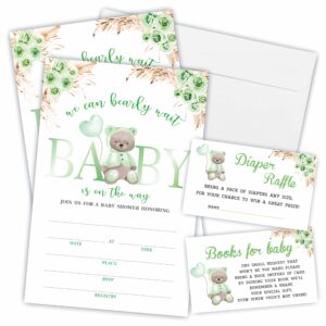 jcvuk set of 25 baby shower invitations with envelopes, diaper raffle tickets and baby shower book request cards,green bear theme babyshower party for boys or girls(yqktz-b16