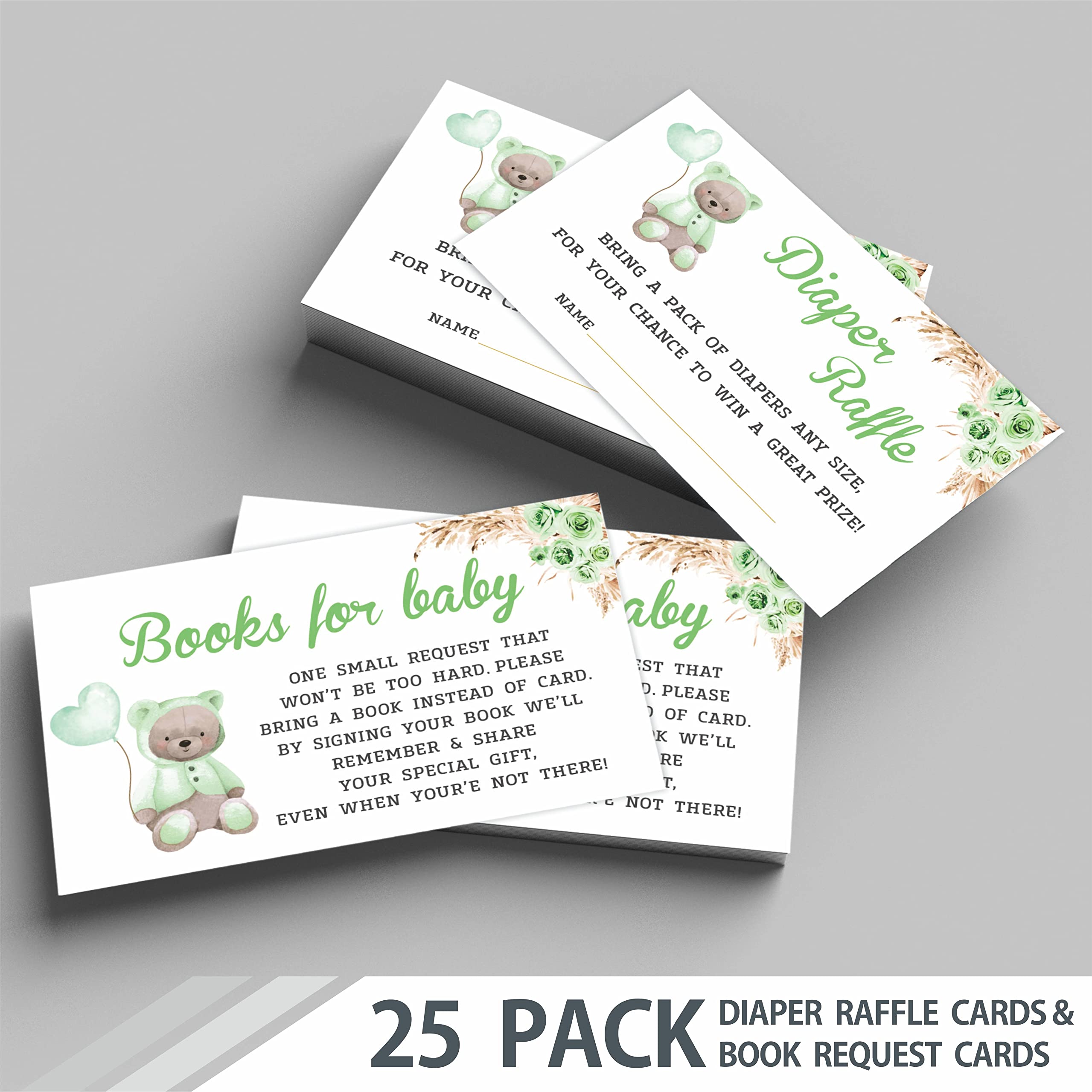 JCVUK Set of 25 Baby Shower Invitations with Envelopes, Diaper Raffle Tickets and Baby Shower Book Request Cards,Green Bear Theme Babyshower Party For Boys or Girls(YQKTZ-B16