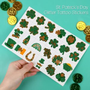 durony 144 Pieces St. Patrick's Day Temporary Tattoo Stickers 24 Styles Glitter Shamrock Face Stickers 6 Sheets Waterproof Gold Green Party Decoration DIY Accessories for Saint Patrick's Day