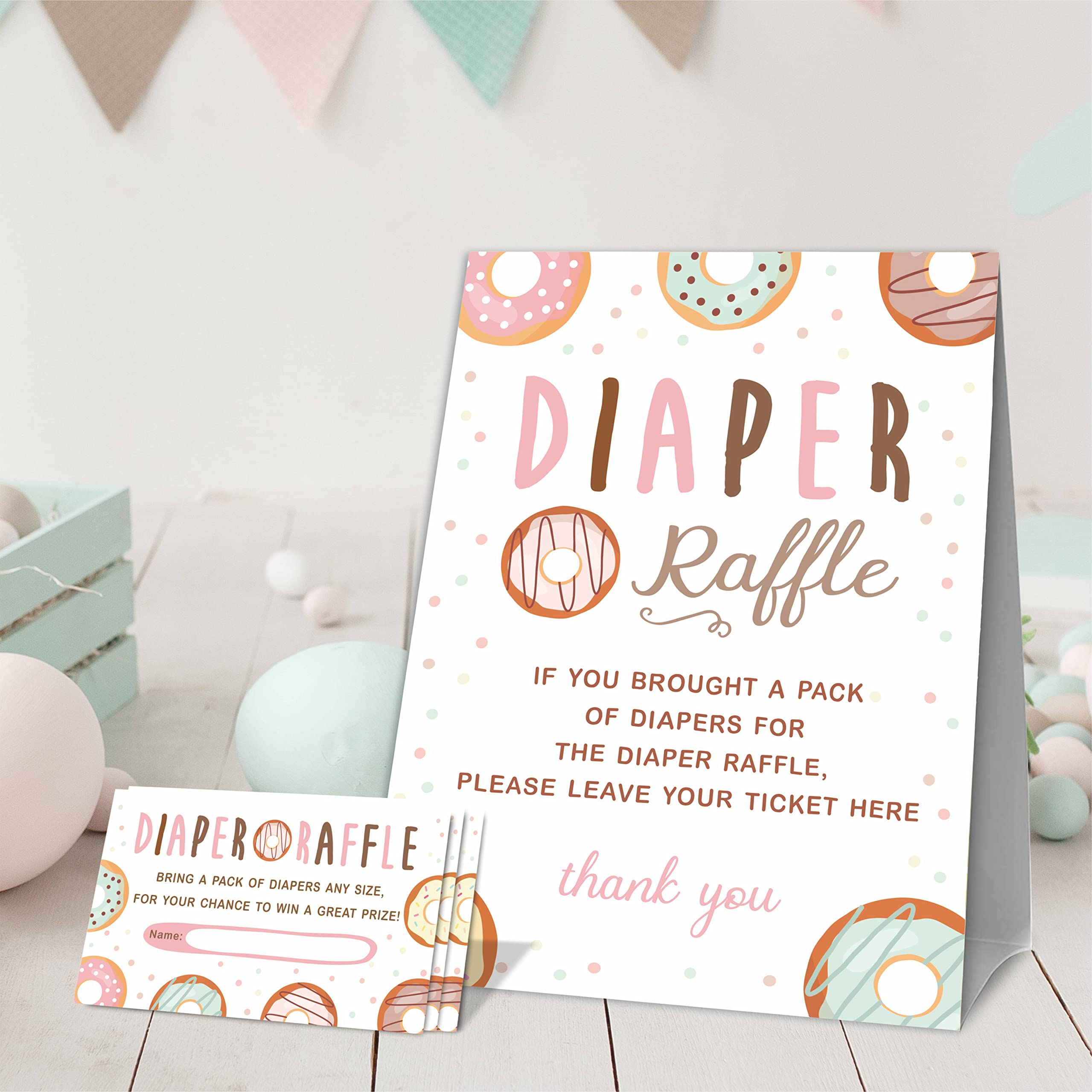 JCVUK Baby Shower Games, 1 Diaper Raffle Standing Sign with 50 Diaper Raffle Tickets,Donut Love Theme Babyshower Party Decorations and Supplies For Boys or Girls(LBLK-B11)