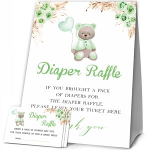 jcvuk baby shower games, 1 diaper raffle standing sign with 50 diaper raffle tickets,green bear theme babyshower party decorations and supplies for boys or girls(lblk-b03)