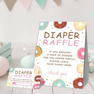 JCVUK Baby Shower Games, 1 Diaper Raffle Standing Sign with 50 Diaper Raffle Tickets,Donut Love Theme Babyshower Party Decorations and Supplies For Boys or Girls(LBLK-B12)