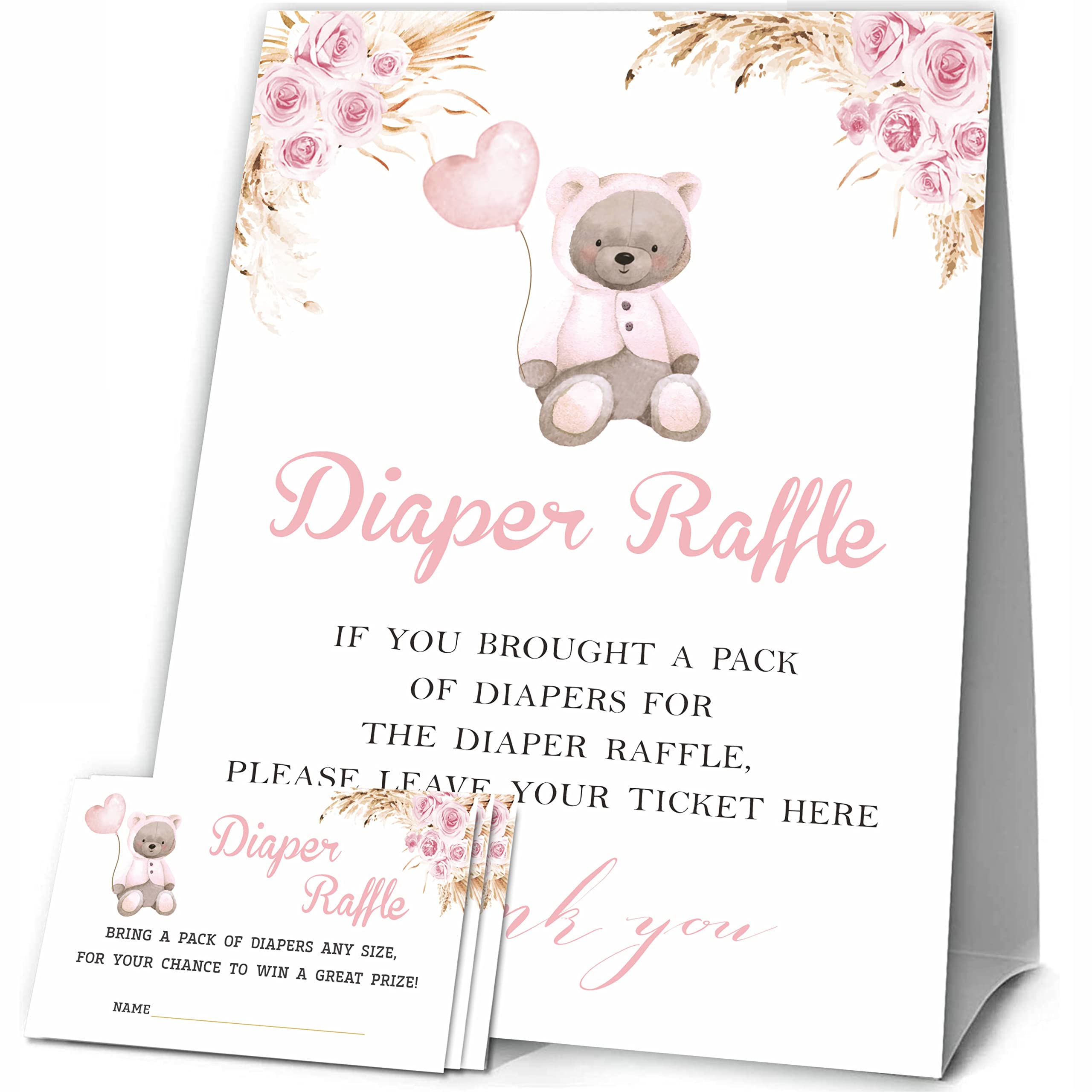 JCVUK Baby Shower Games, 1 Diaper Raffle Standing Sign with 50 Diaper Raffle Tickets,Bear Theme Babyshower Party Decorations and Supplies For Boys or Girls(LBLK-B01)