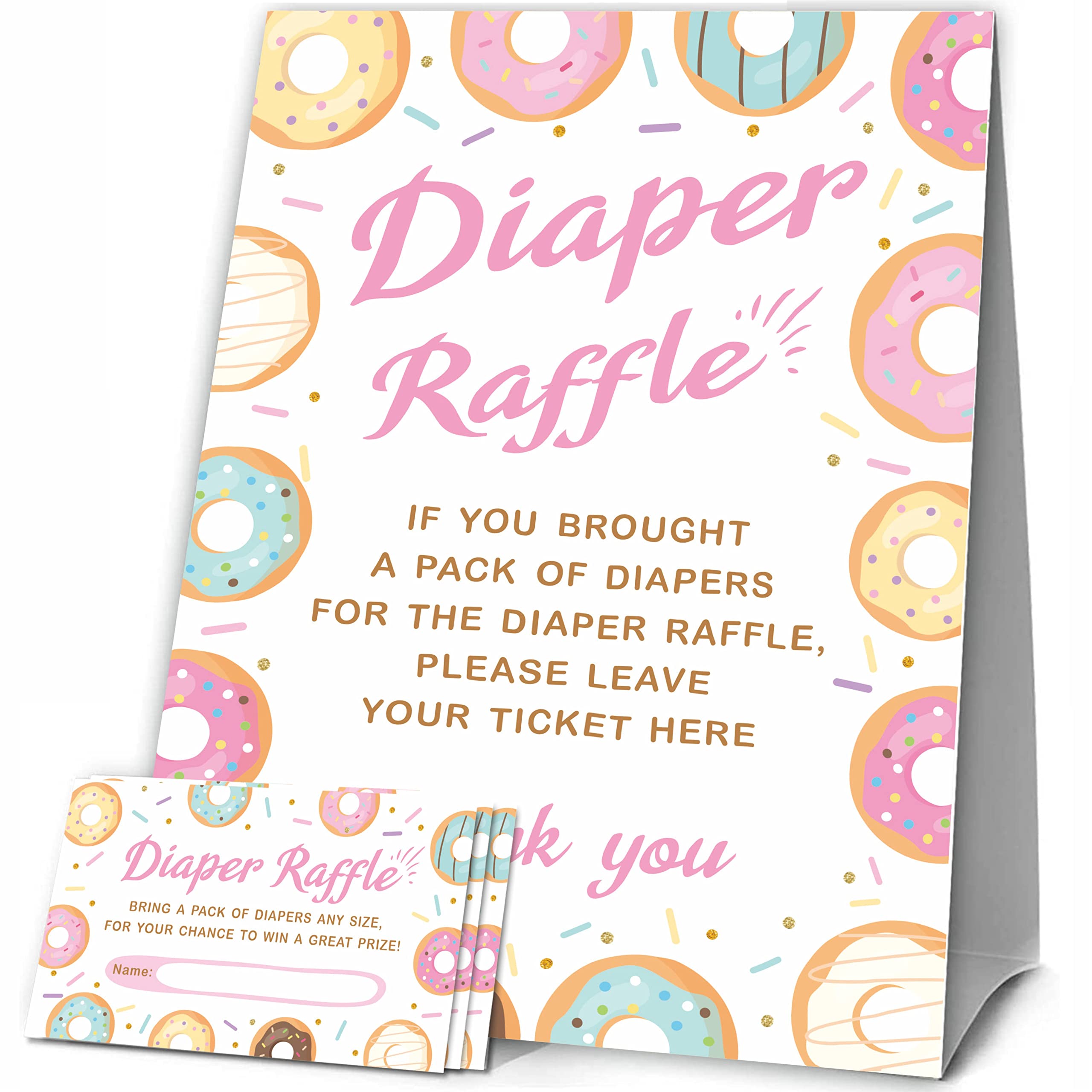 JCVUK Baby Shower Games, 1 Diaper Raffle Standing Sign with 50 Diaper Raffle Tickets,Donut Love Theme Babyshower Party Decorations and Supplies For Boys or Girls(LBLK-B07)