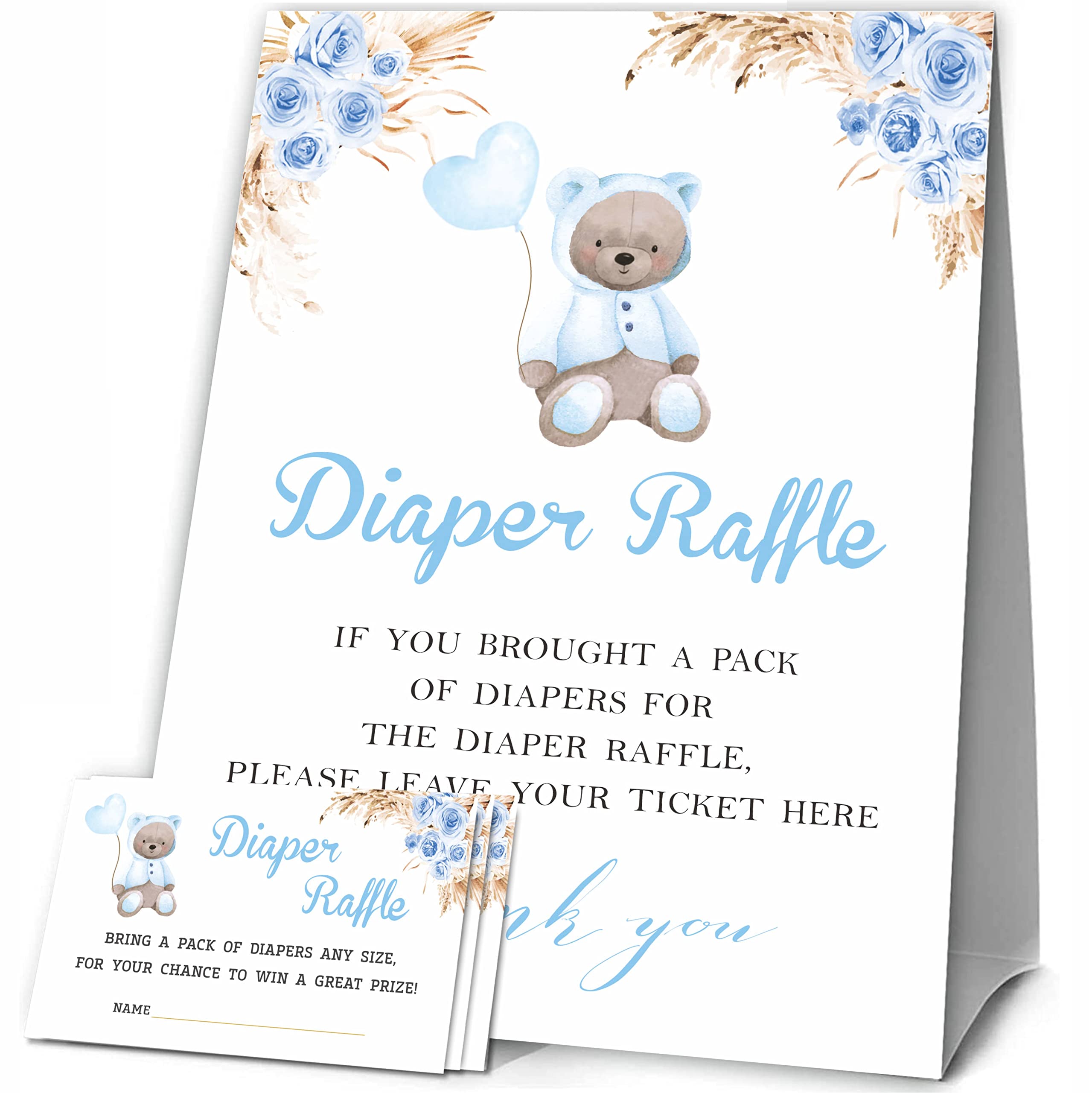 JCVUK Baby Shower Games, 1 Diaper Raffle Standing Sign with 50 Diaper Raffle Tickets,Purple Bear Theme Babyshower Party Decorations and Supplies For Boys or Girls(LBLK-B02)